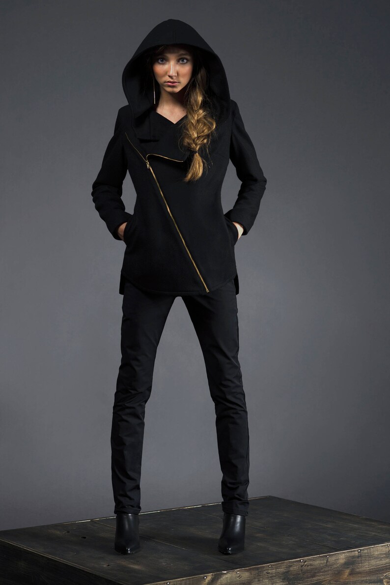 Cross Zip Jacket, Hooded Jacket, Asymmetrical Jacket, Black Coat ...