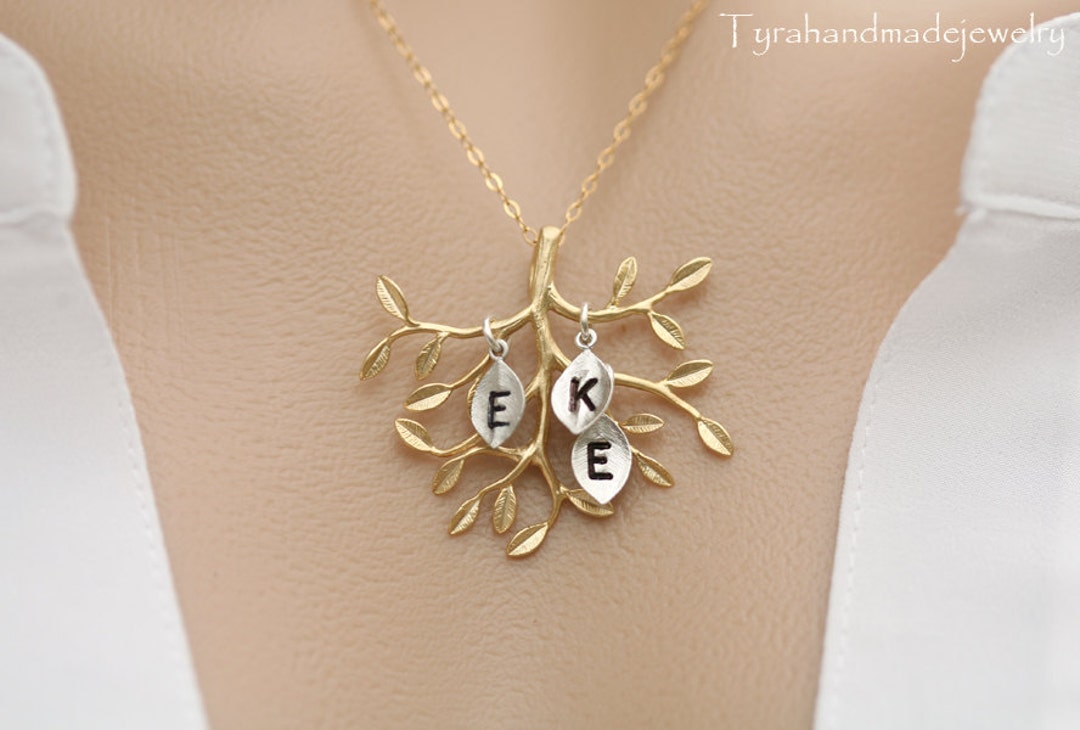 Family Tree Necklace,initial Leaf Initials,family Initial Necklace,hand ...