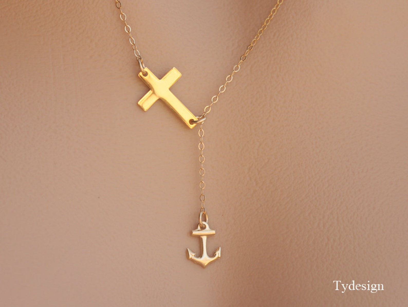 Gold Cross Anchor Necklacesideways Cross Lariatwedding - Etsy