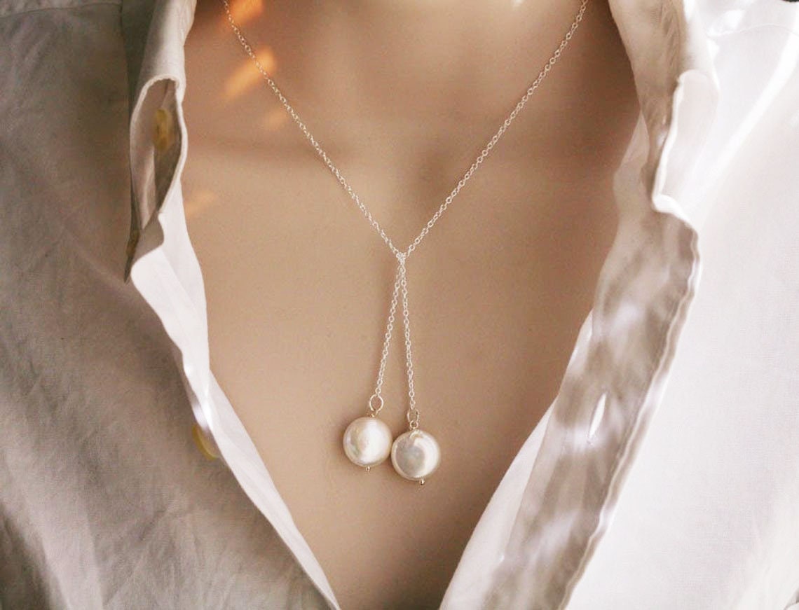Wire Wrapped Pearl Necklacefreshwater Coin Pearl Lariat - Etsy