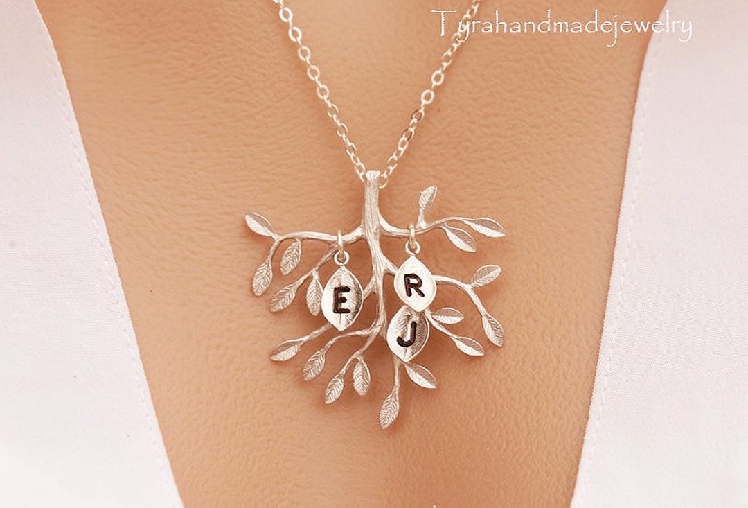 Family Tree Necklace,leaf Initial,custom Monogram,hand Stamped,grandma ...
