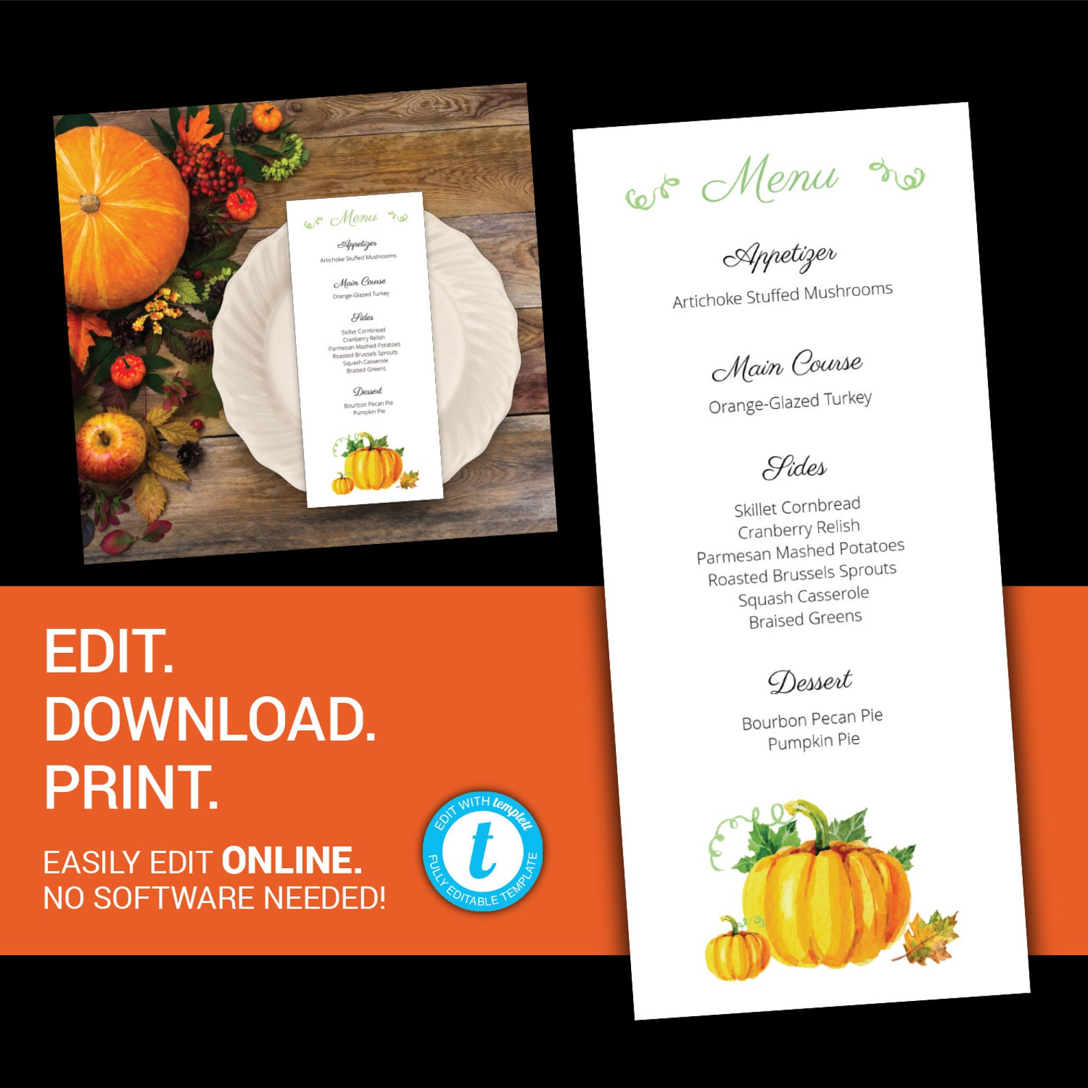 EDITABLE Thanksgiving menu fall menu editable menu printable | Etsy
