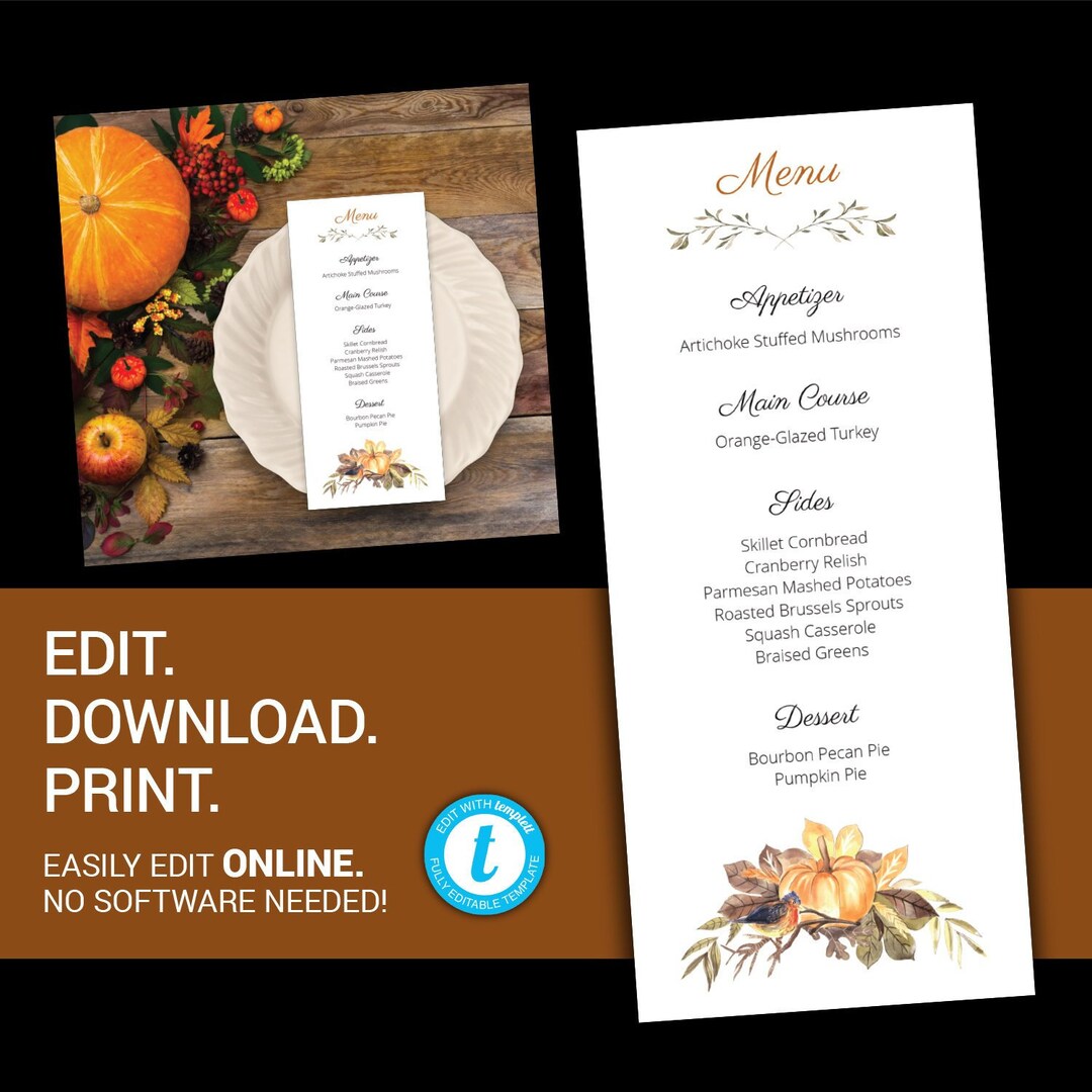 EDITABLE Thanksgiving Menu Menu Printable Menu Fall Menu Editable ...