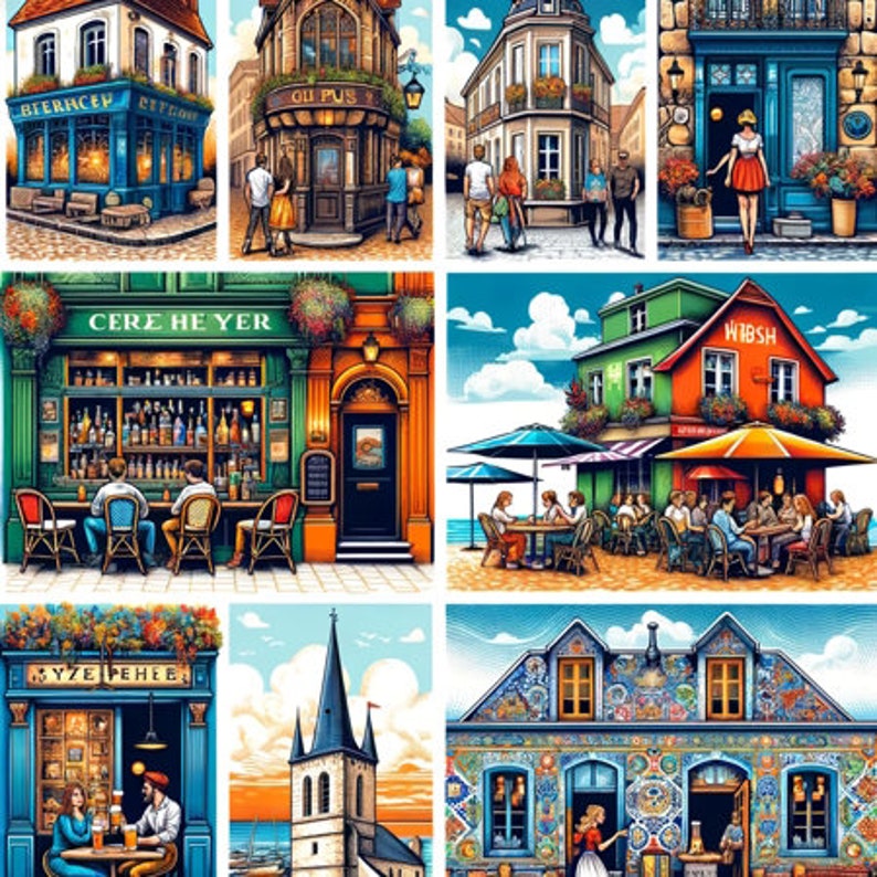 European Pubs Coloring Book: 40 Coloring Pages, International Pub Line ...