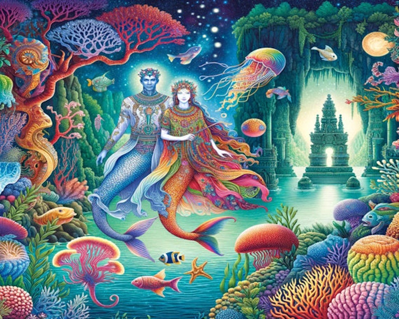 Mystical Oceans, Mermaid and Merman, Adult Coloring Book, 40 Detailed ...