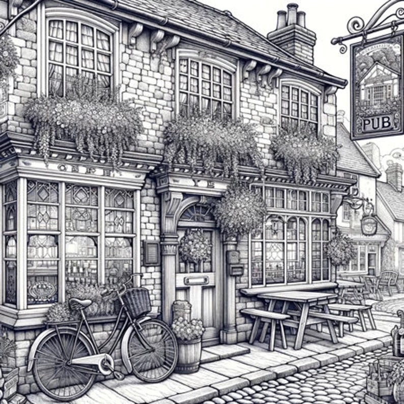 European Pubs Coloring Book: 40 Coloring Pages, International Pub Line ...