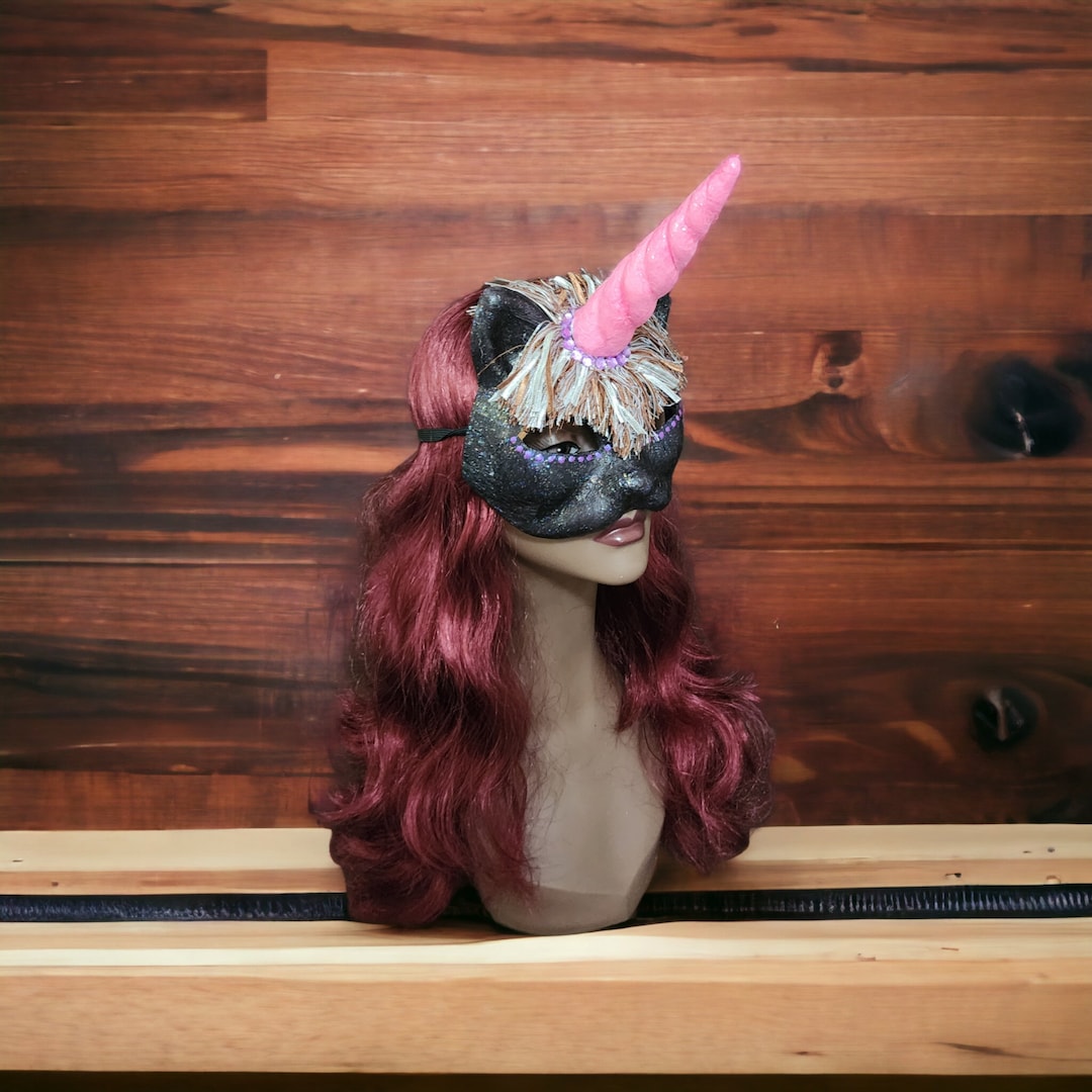 Unicorn Cat Mask With Pink Horn, Fantasy Feline Costume, Glitter Kitty ...