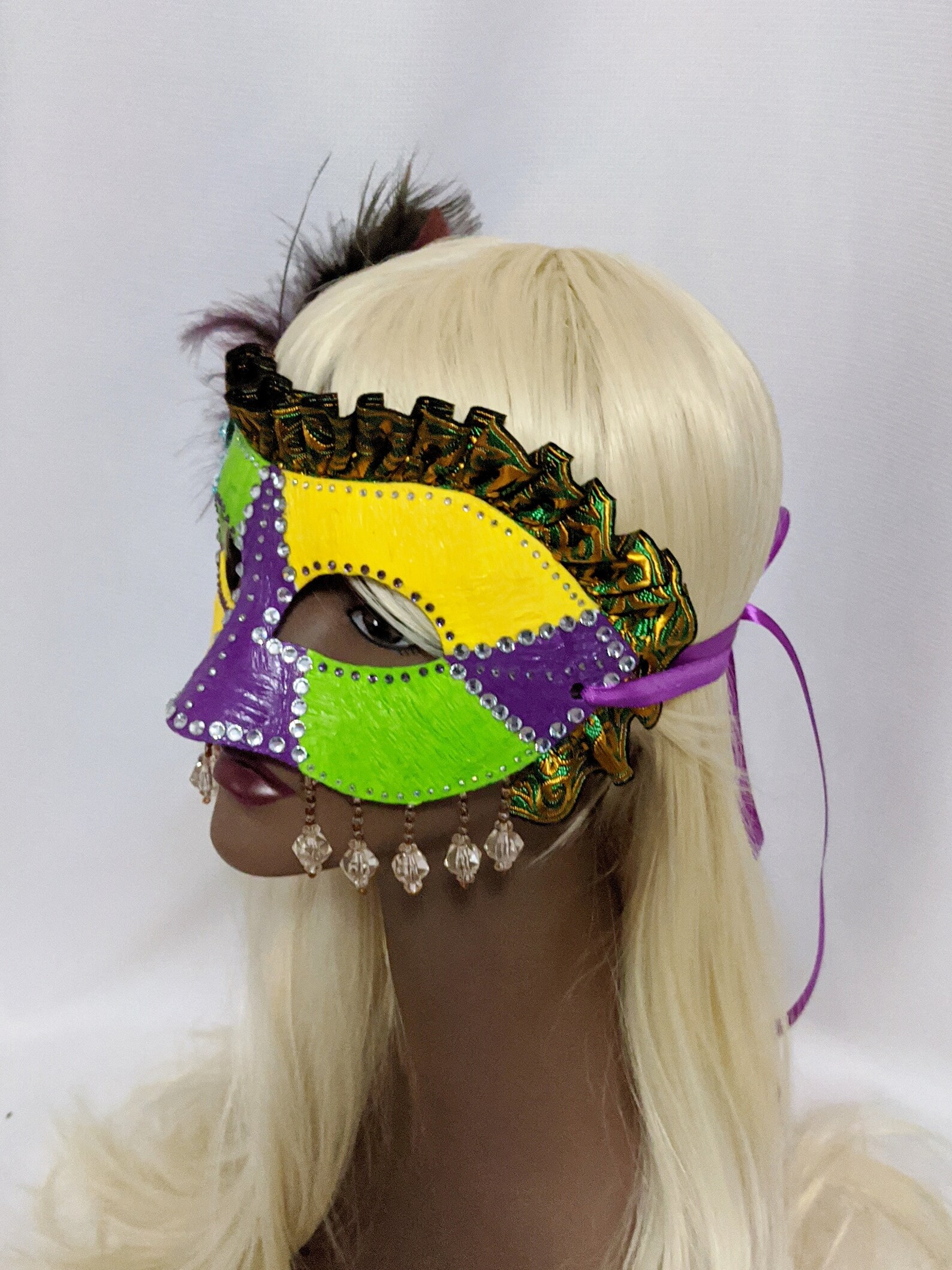Mardi Gras Mask Beaded Purple Green Gold Masquerade Ball Costume Mask ...