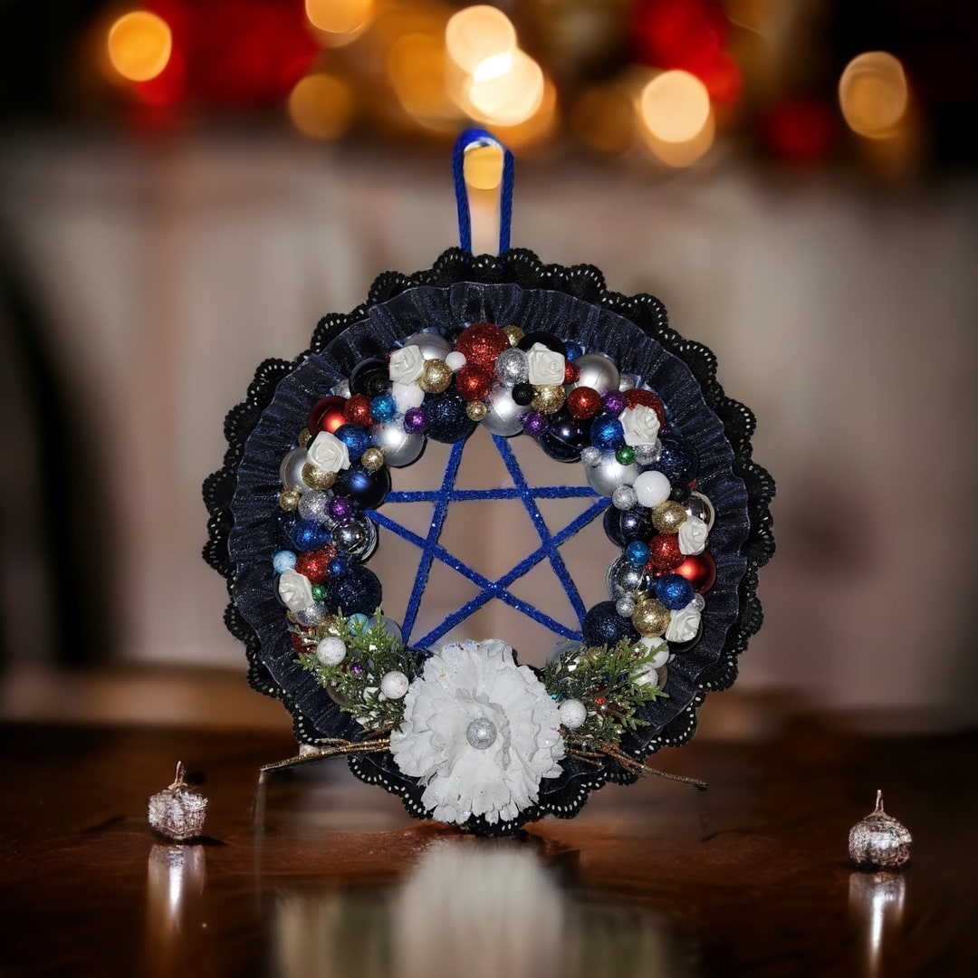 12" Yule Ornament Wreath With Pentacle & Lace Shatterproof Winter ...