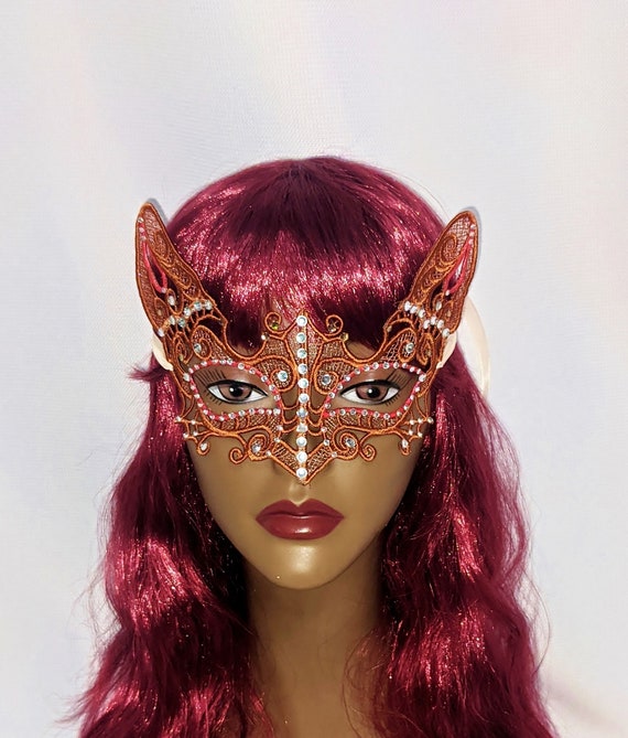 Rust Brown Kitty Cat Mask RTS Swarovski & Preciosa Rhinestones | Etsy