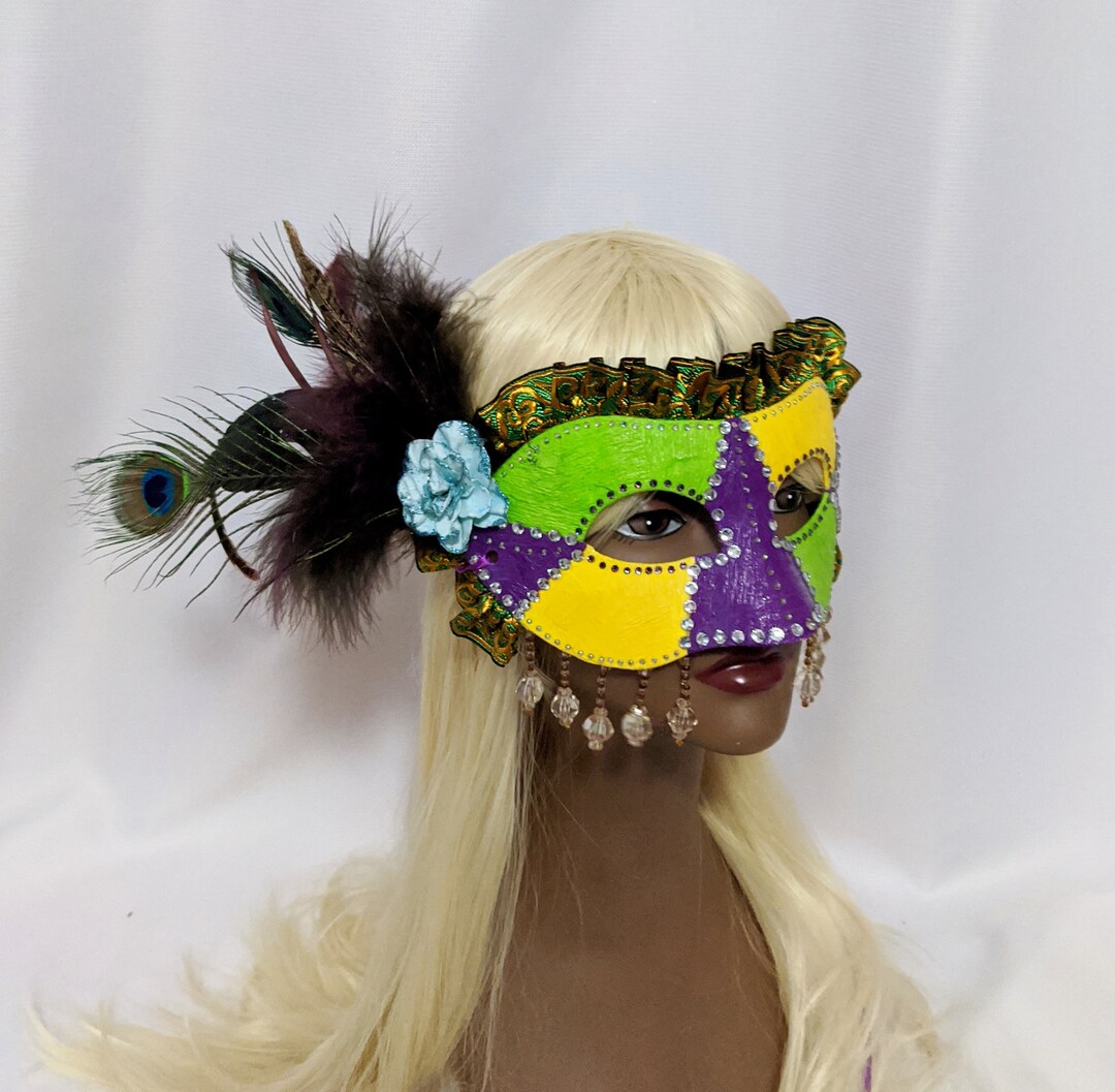 Mardi Gras Mask Beaded Purple Green Gold Masquerade Ball Costume Mask ...