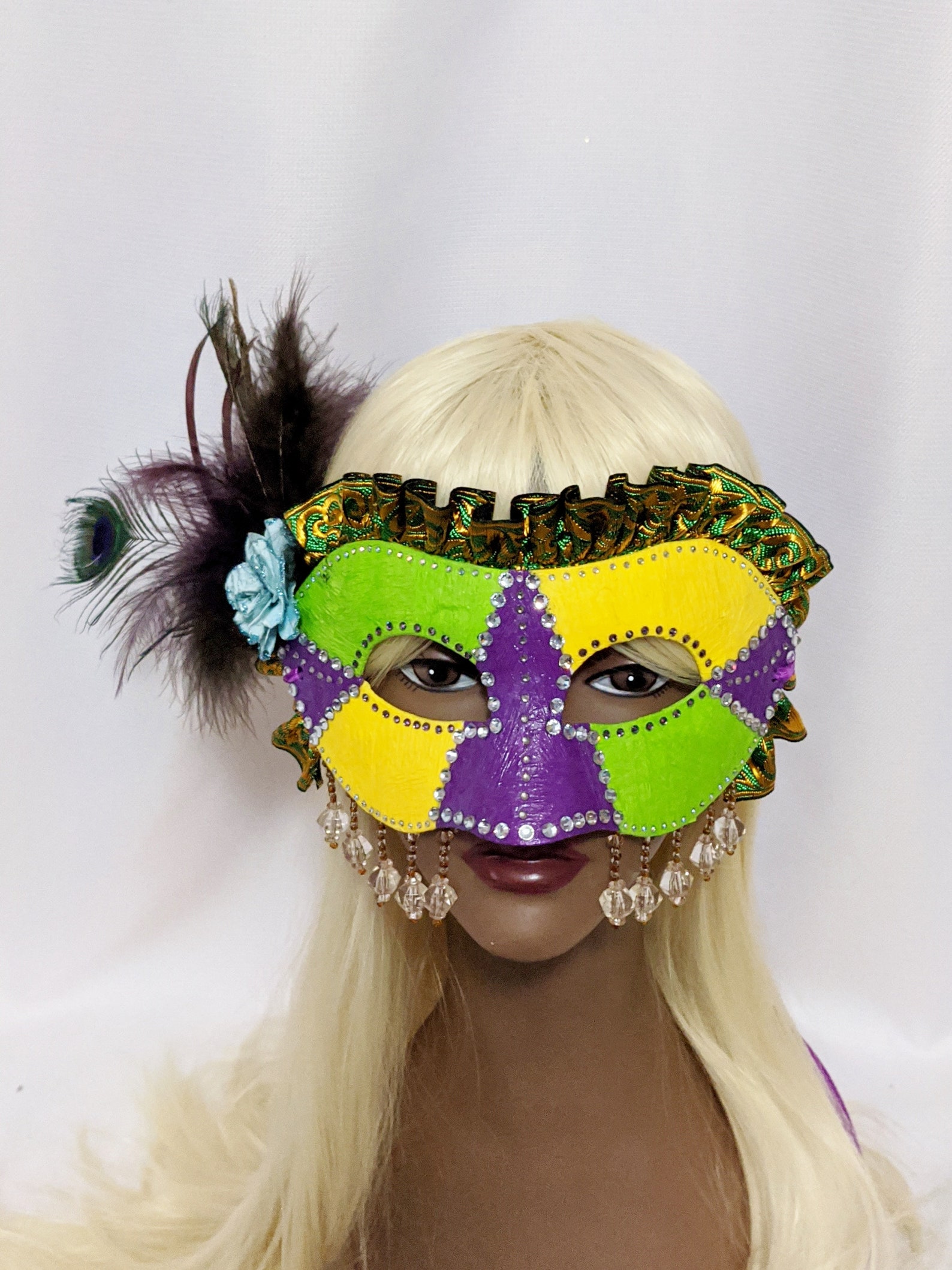 Mardi Gras Mask Beaded Purple Green Gold Masquerade Ball Costume Mask ...