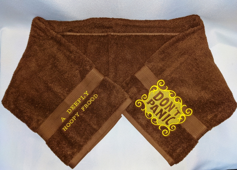 MTO Embroidered Don't Panic - A Deeply Hoopy Frood Bath Towel ...