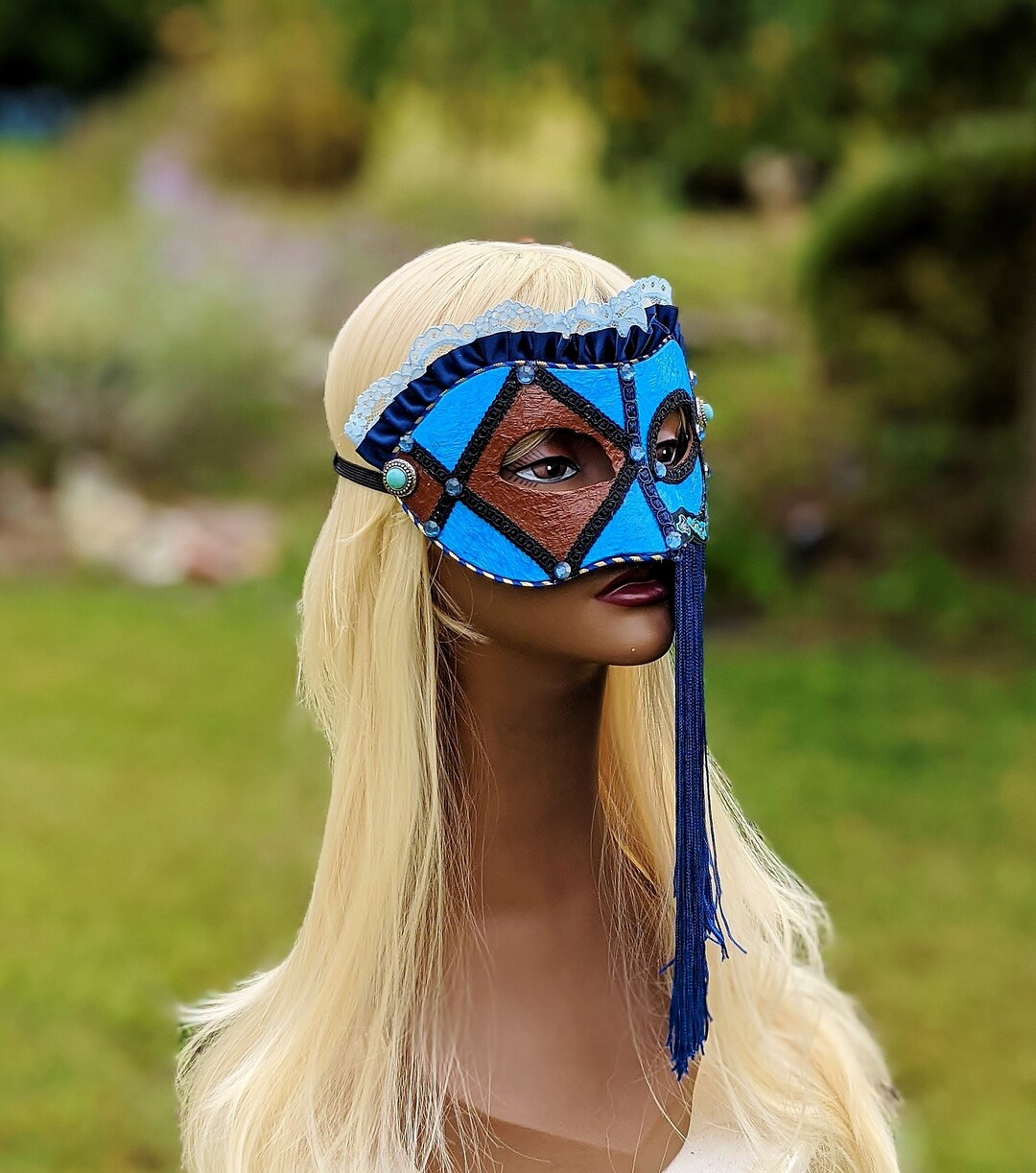 Blue & Brown Harlequin Mardi Gras Mask Beaded Costume Mask Venetian ...