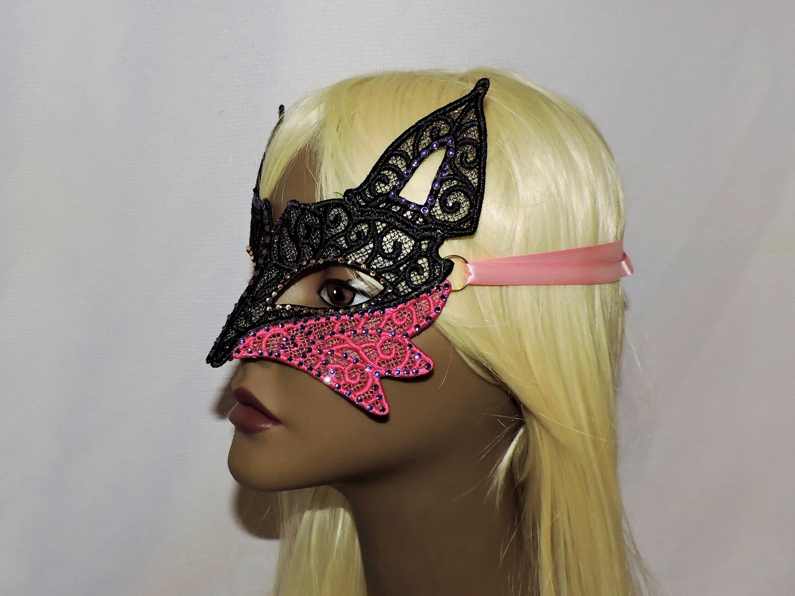 Black & Pink Fox Mask w/ PURPLE Austrian Crystal Rhinestones | Etsy