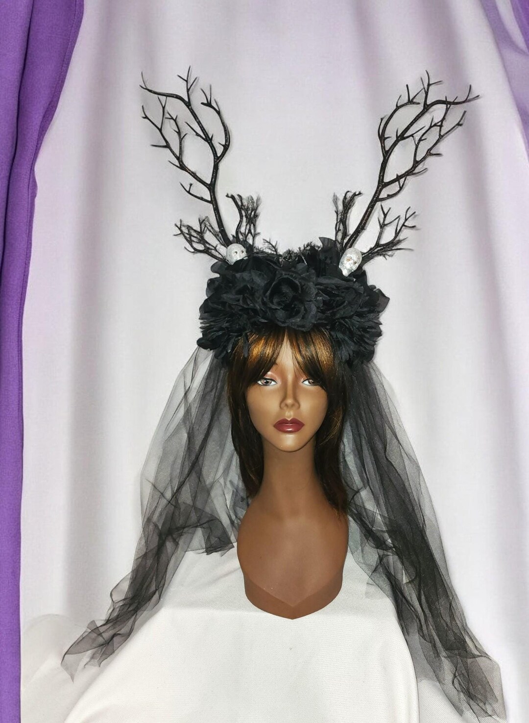 Midnight Nymph Black Deer Veiled Antler Crown, Fantasy Fairy Wedding ...