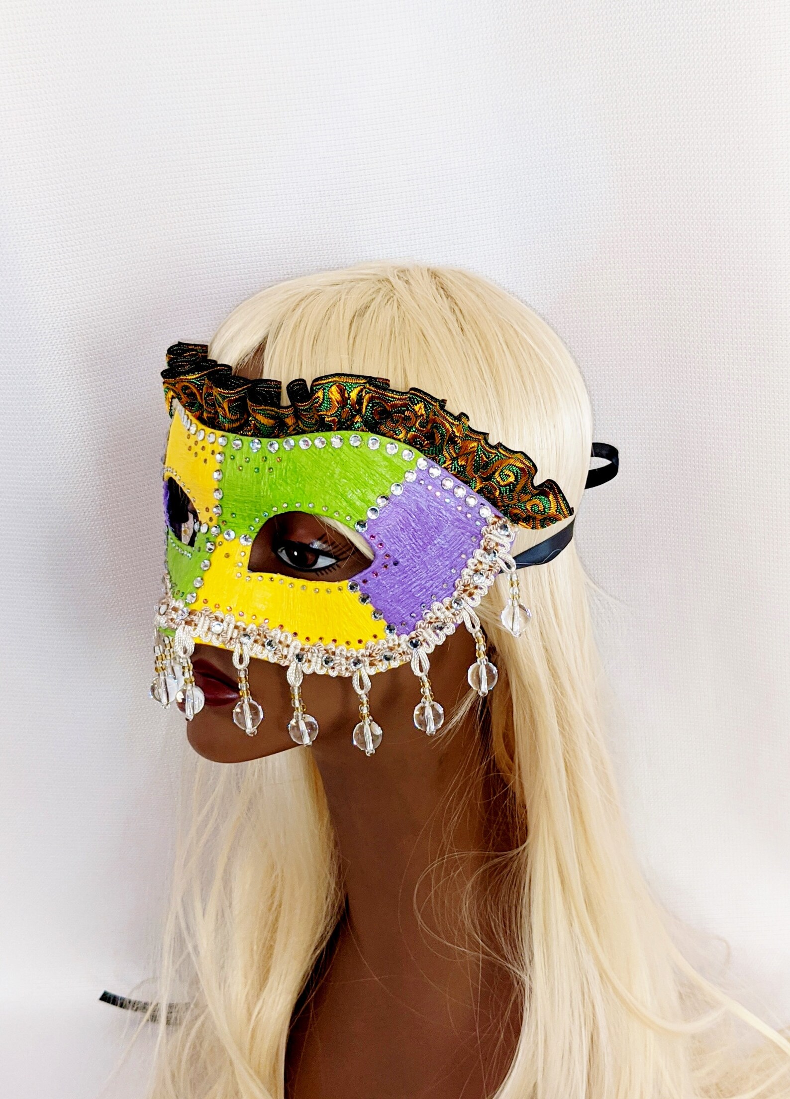 Purple Green Yellow Mardi Gras Mask Beaded Costume Mask | Etsy