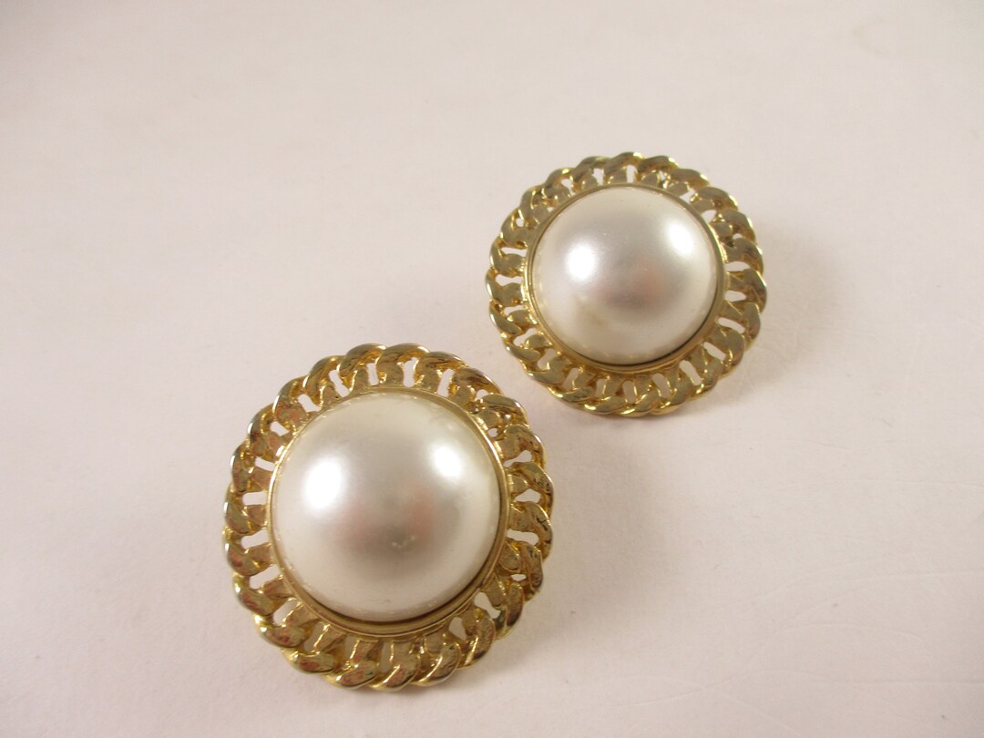 Large Pearl Earrings, Gold and Pearl 80s Fashion Statement Bridal ...