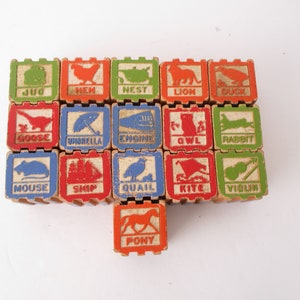 16 Wood Letter Blocks, Picture Spelling Cubes Children's Toy , 1950's ...