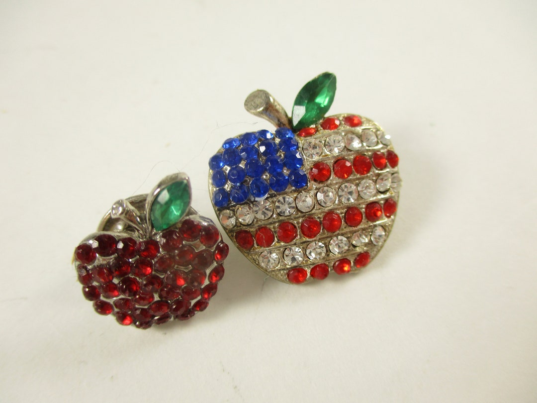TWO Vintage Apple Brooches, American Flag and Red Rhinestones Rosy Red ...