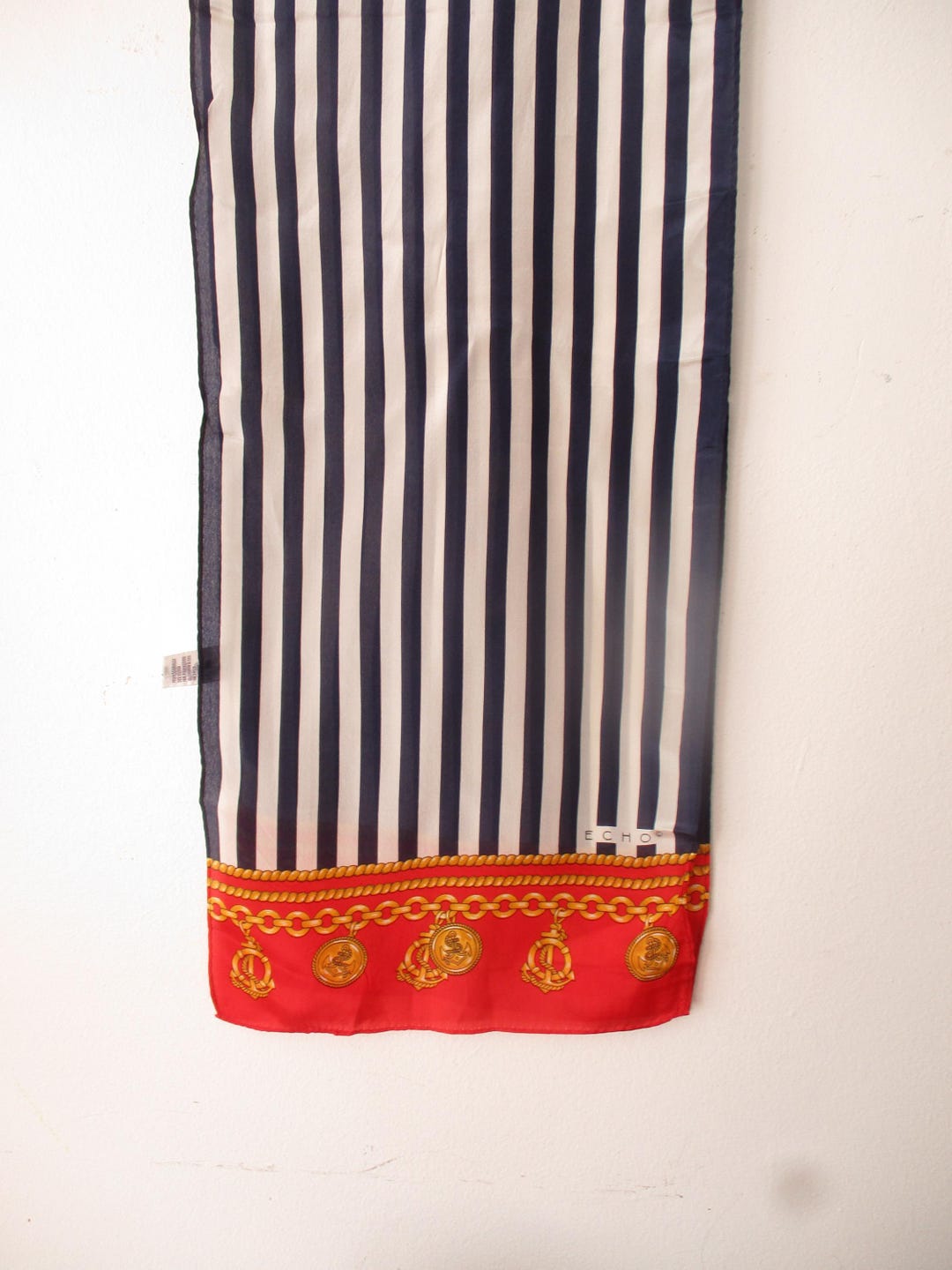 Vintage Echo Navy White Striped Long Scarf , Counture Fashion Silk ...