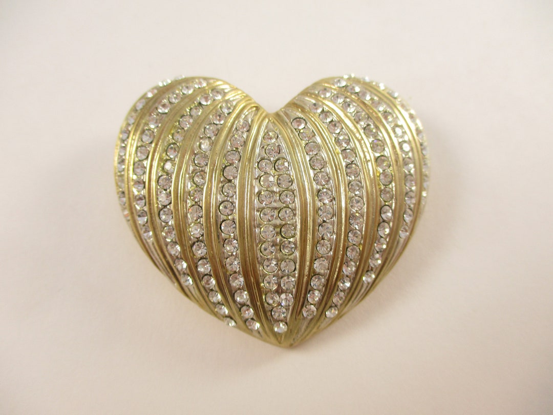 Vintage Heart Gold Brooch, Rhinestone Love Heart Pin, Minimalist Fall ...