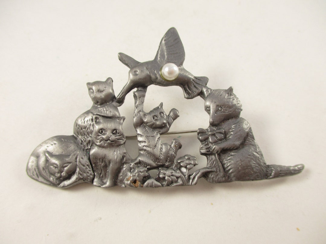 Vintage Pewter Cat Brooch, Raccoon Hummingbird Pearl Pin Figural ...
