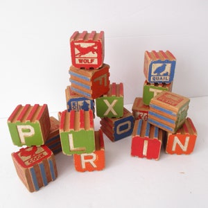 16 Wood Letter Blocks, Picture Spelling Cubes Children's Toy , 1950's ...