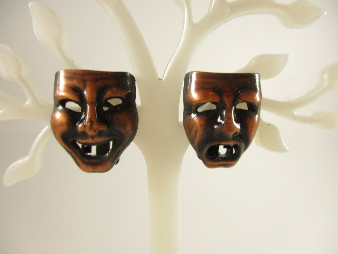 Avon Copper Comedy and Tragedy Masks, Clip on Earrings Happy Sad Masks ...