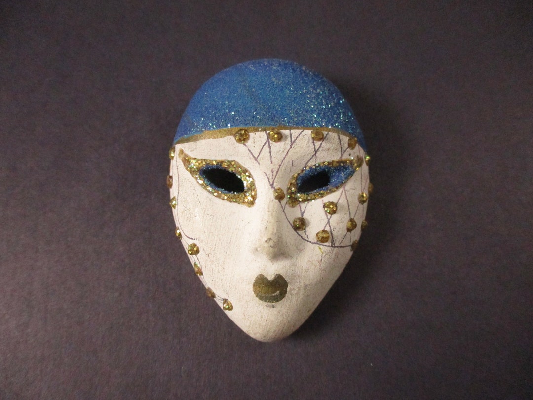 Vintage Mask Pierrot Doll Brooch , Blue Glitter Painted Face Doll Pin ...