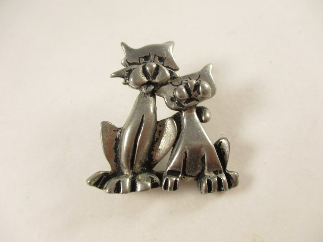 Vintage Pewter Cat Brooch, Two Cute Kitties Pin - 1970s Figural Fashion ...