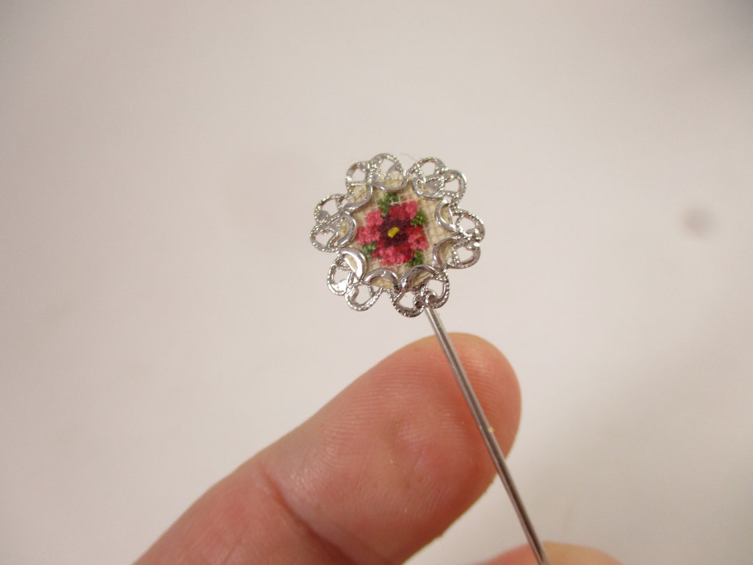 Vintage Red Needlepoint Flower Hat Pin, Silver Tone Stick Pin Jewelry ...