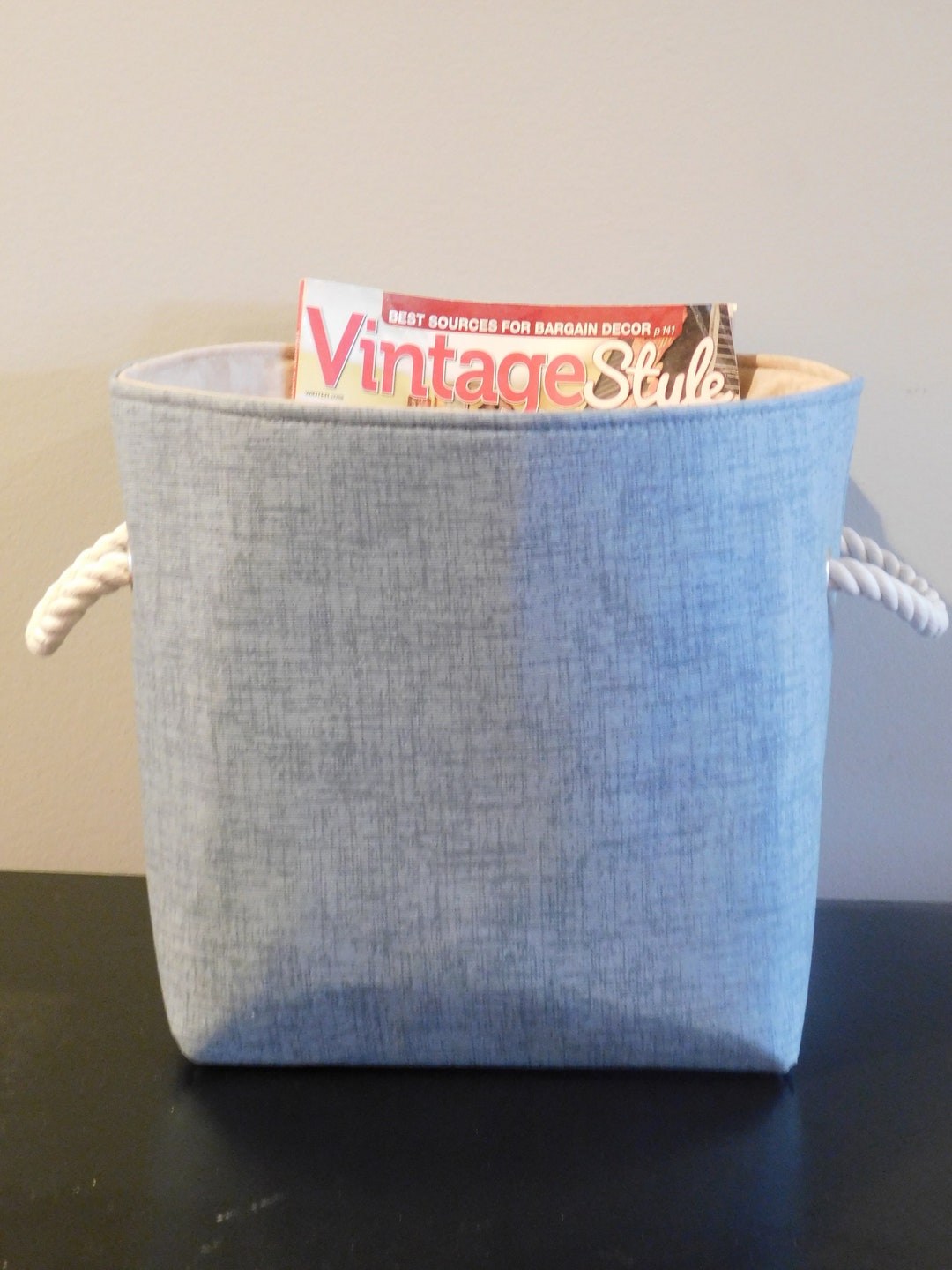 Large Fabric Basket With Rope Handles in Blue Crosshatch Fabric - Etsy