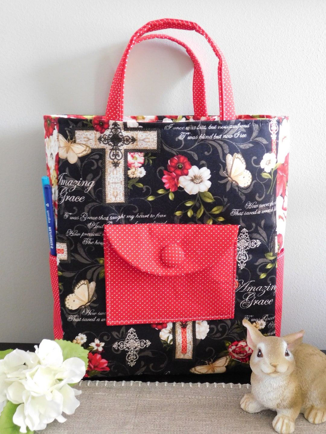 Bible Tote Bag Made With Black and Red Amazing Grace Cross Print Fabric ...
