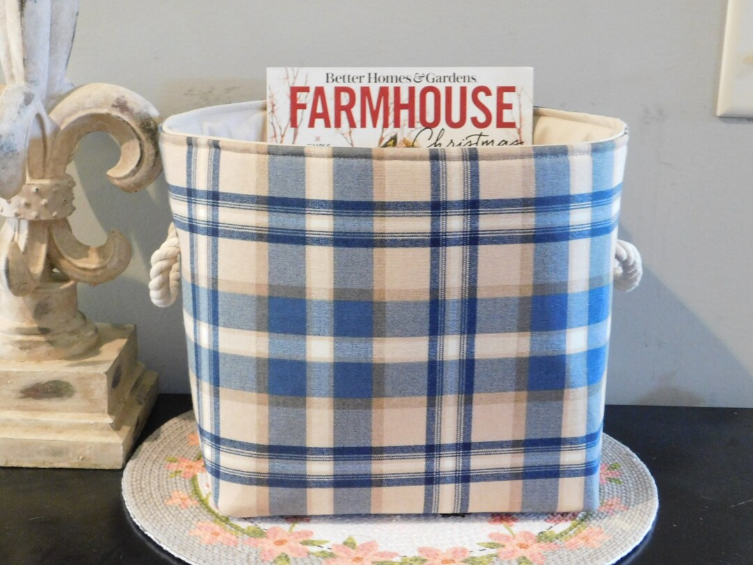 Large Blue and Tan Plaid Print Fabric Basket With Handles - Etsy