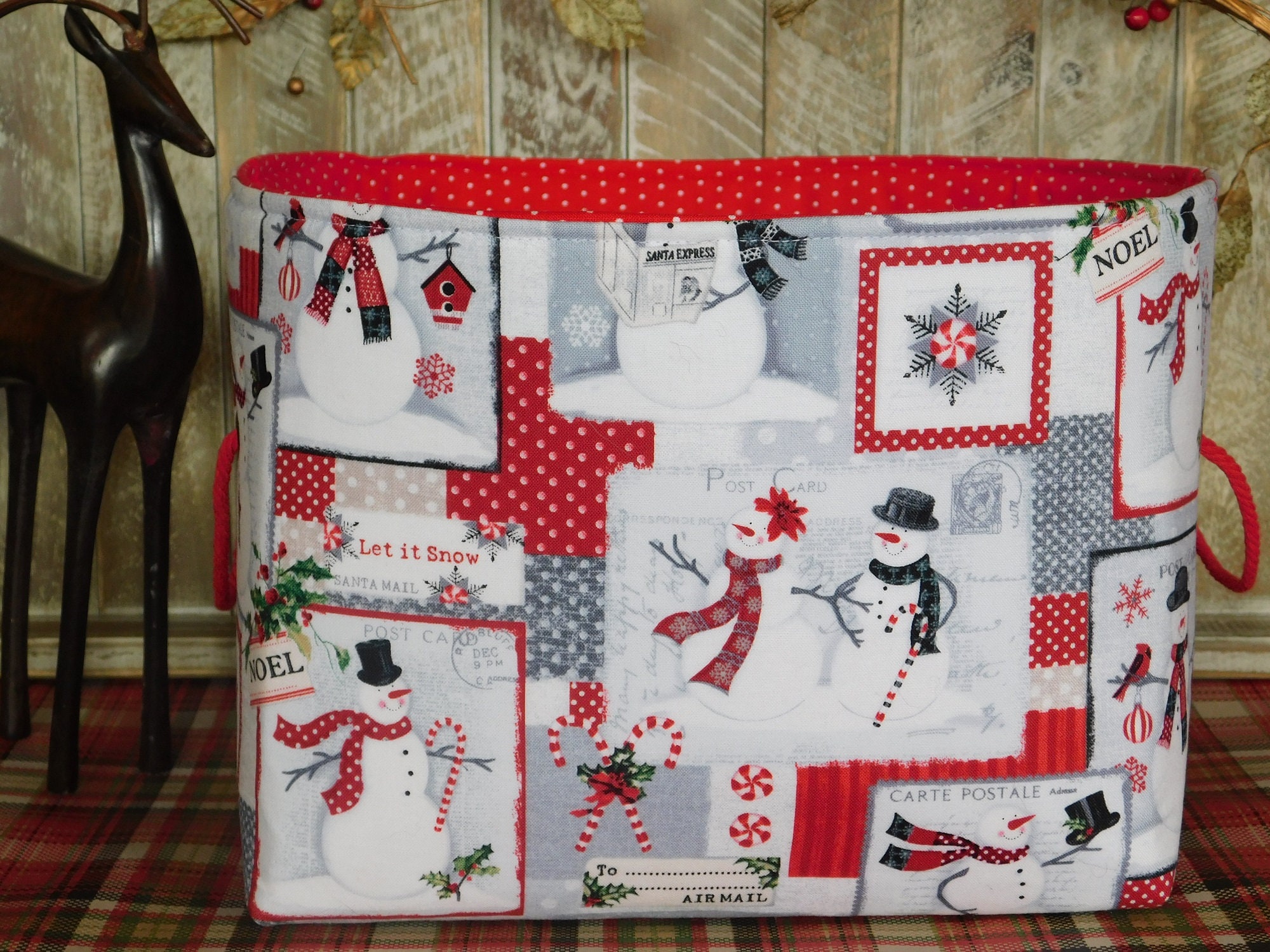 Christmas Snowman Basket Made With White, Gray and Red Snowman Fabric ...