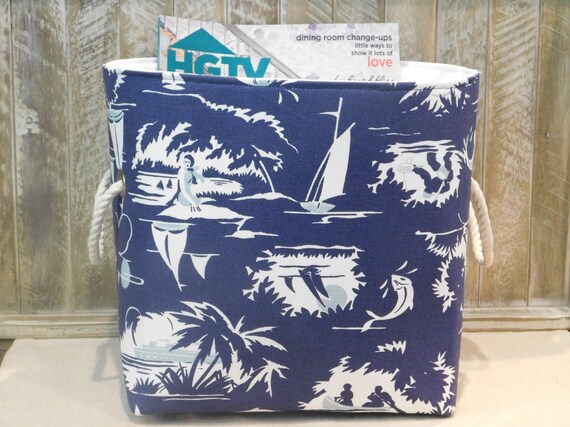 Navy Blue Retro Beach Themed Fabric Basket With Rope Handles | Etsy