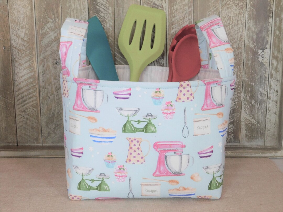 Kitchen Themed Fabric Basket With Handles in Light Blue Baking Fabric ...