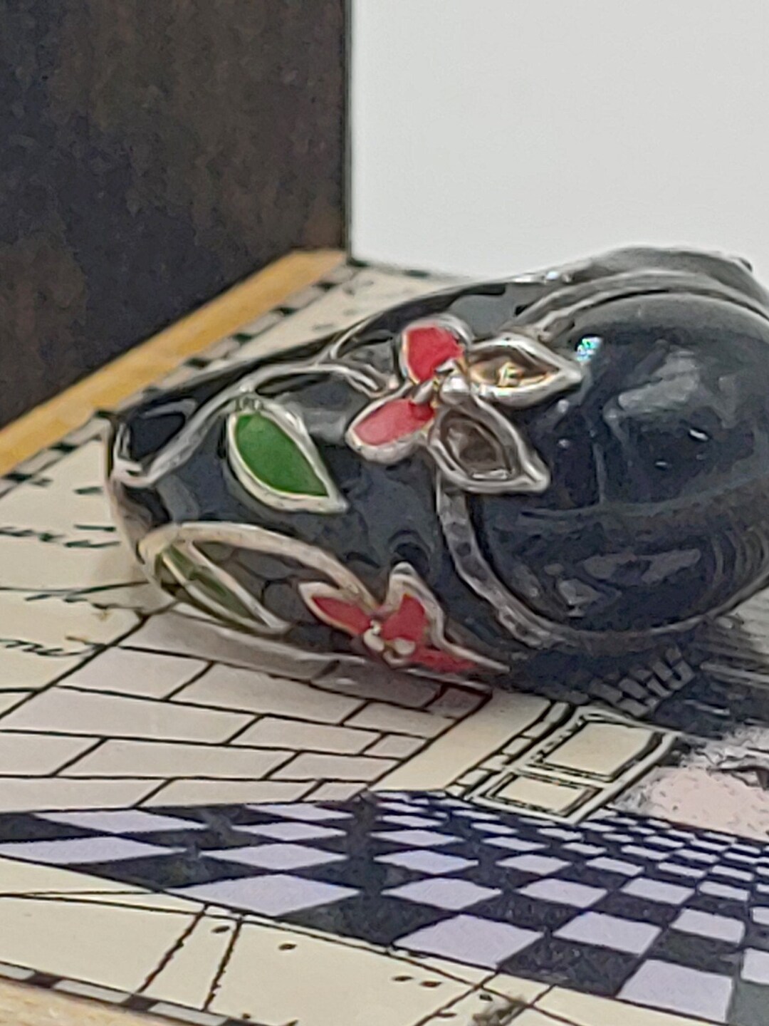 David Sigal Signed Onyx and Enamel Ring With Floral Motif - Etsy