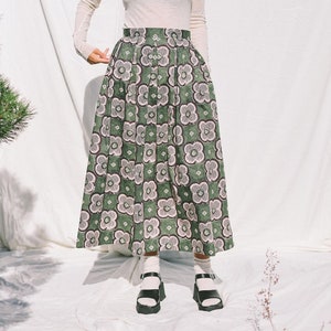Pleated Mid-calf Skirt in Floral CLOVER BLOCK Print • OFFON Clothing - Etsy
