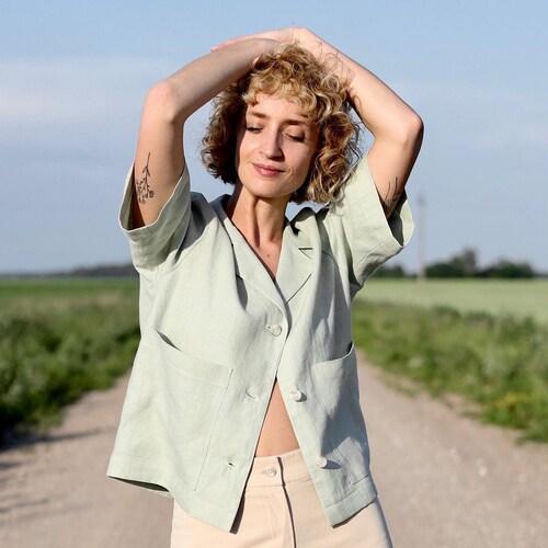 Revere Collar Linen Shirt in Sage Green / Handmade by OFFON | Etsy