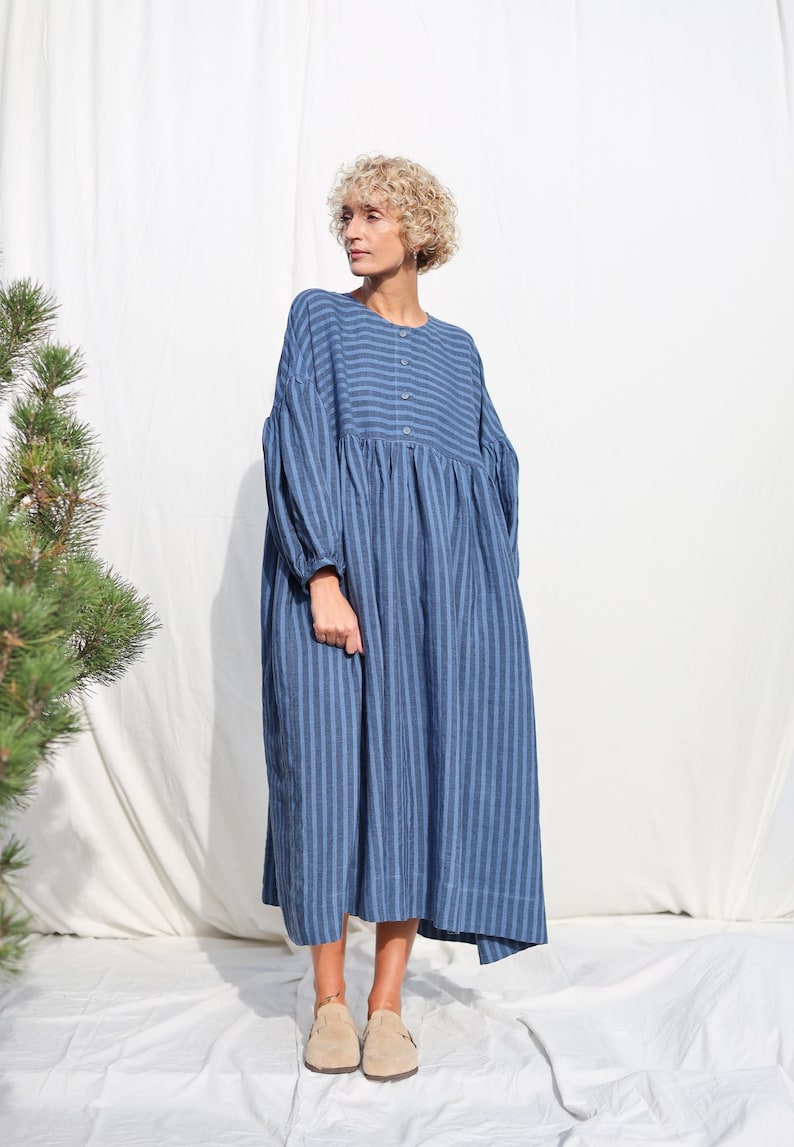 Oversized Voluminous Sleeves Linen Dress GRETA in Stripes • OFFON ...