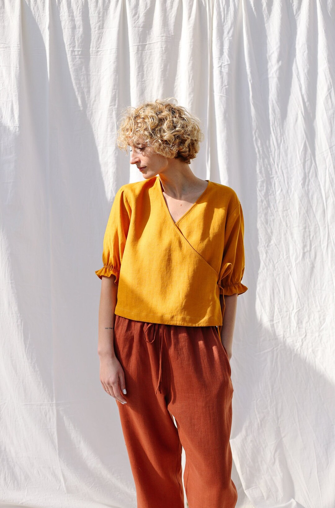 Linen Cropped Wrap Blouse AGATE / OFFON CLOTHING - Etsy