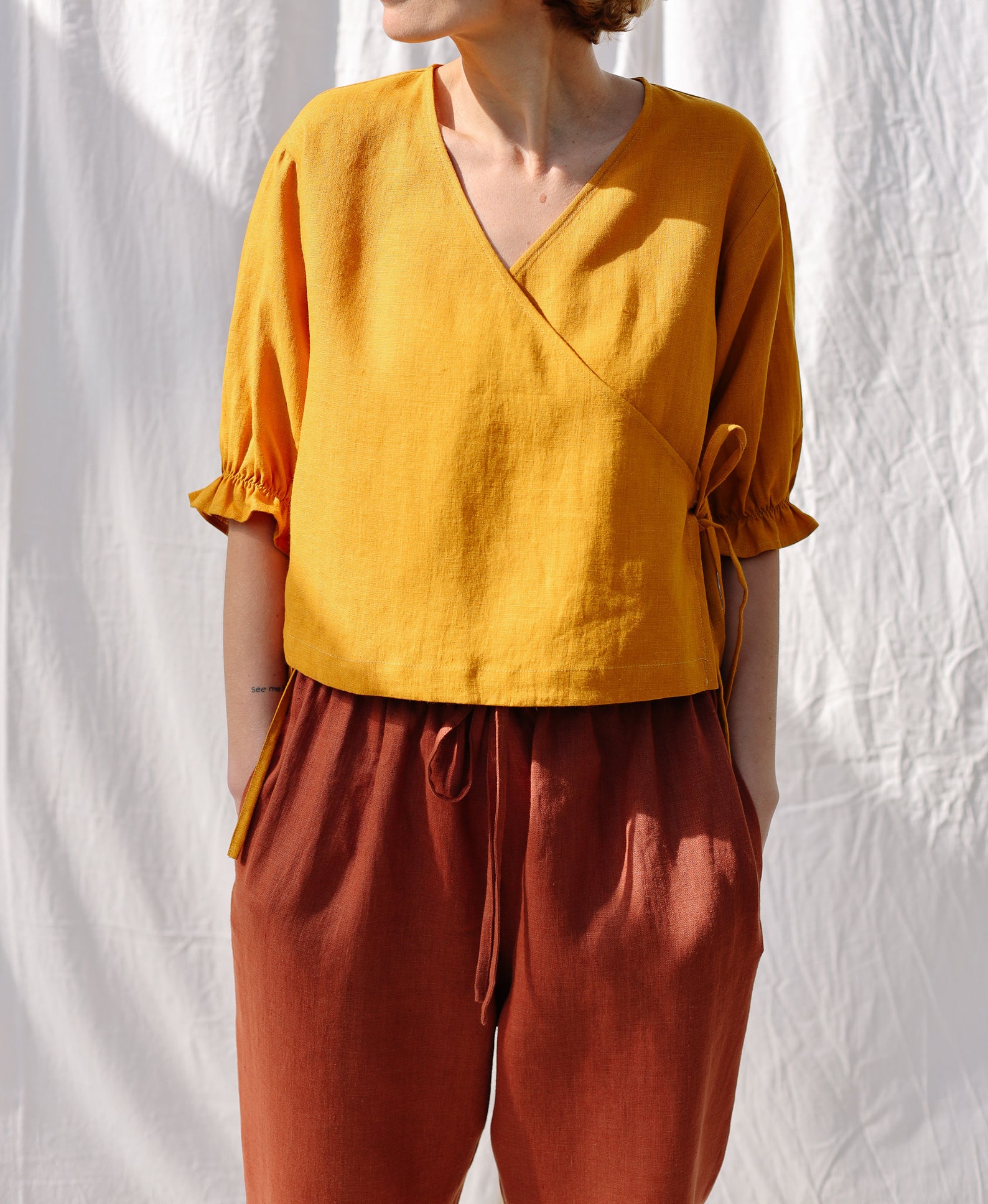 Linen Cropped Wrap Blouse AGATE / OFFON CLOTHING - Etsy