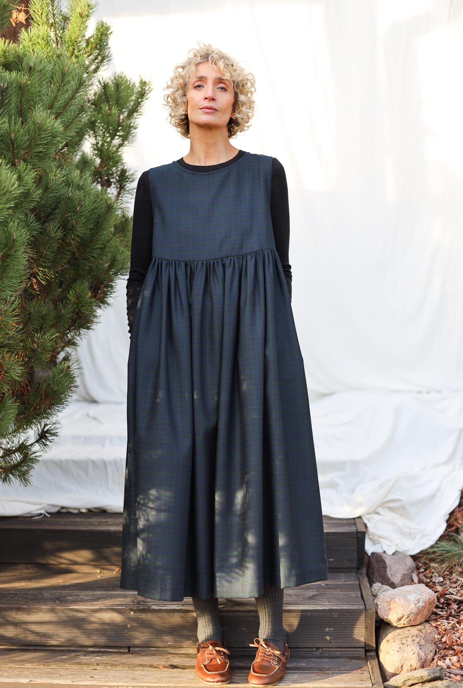 Navy Blue Tartan Wool Smock Dress • OFFON CLOTHING - Etsy