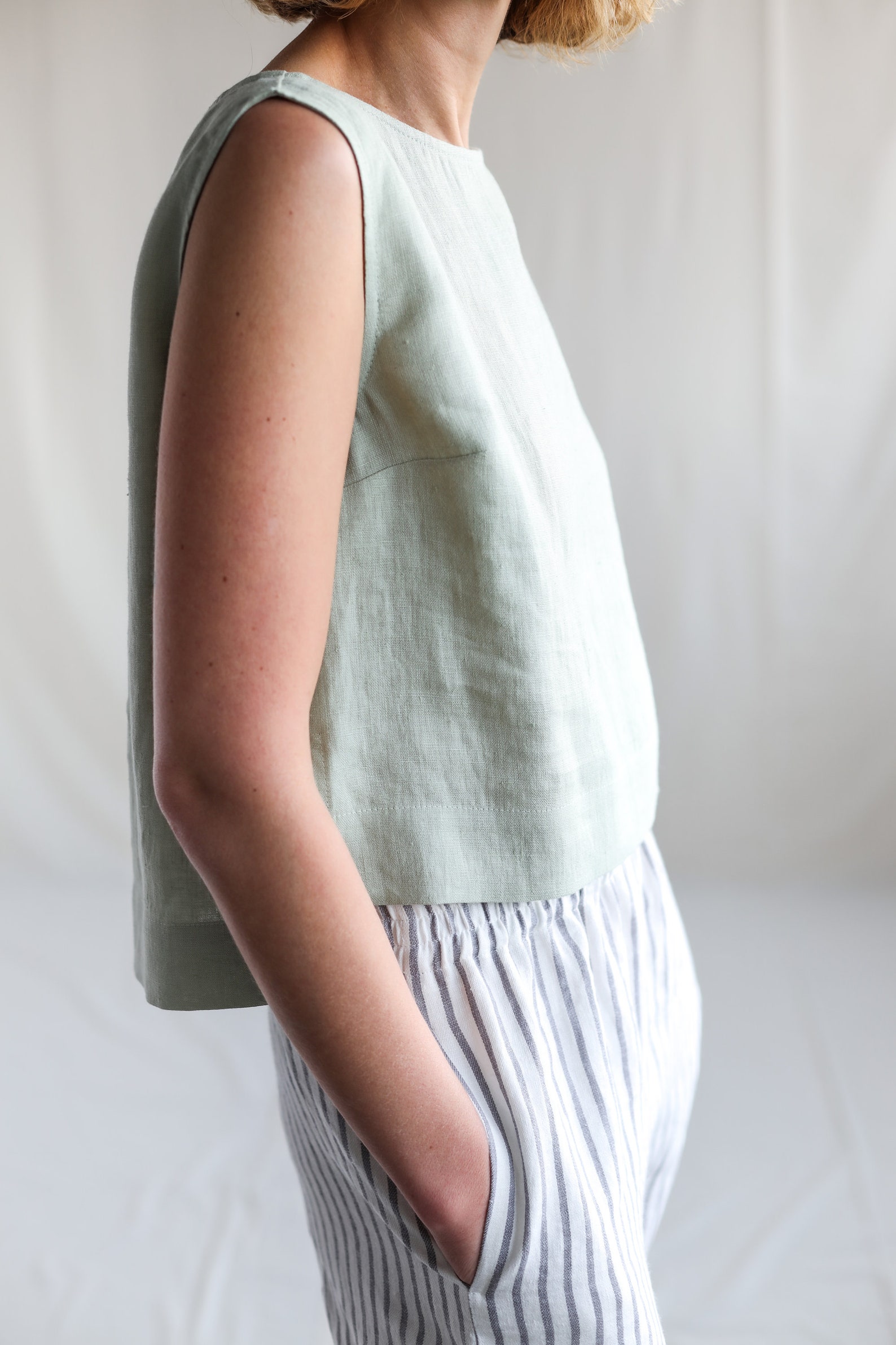 Linen Sleeveless Top. Cropped Hem Linen Blouse. Handmade by | Etsy