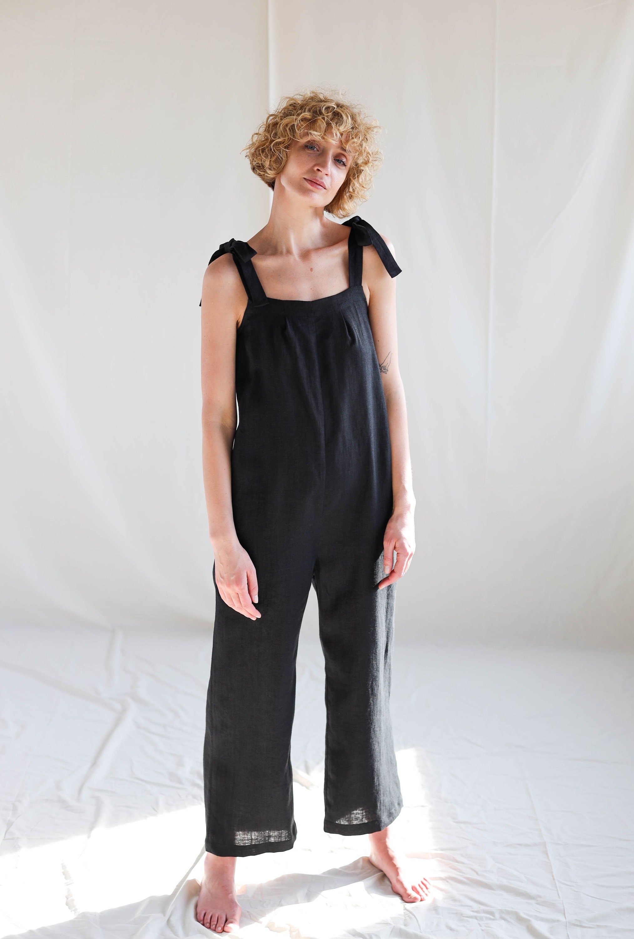 Linen Tie Strap Jumpsuit Sleeveless Black Summer Romper Offon