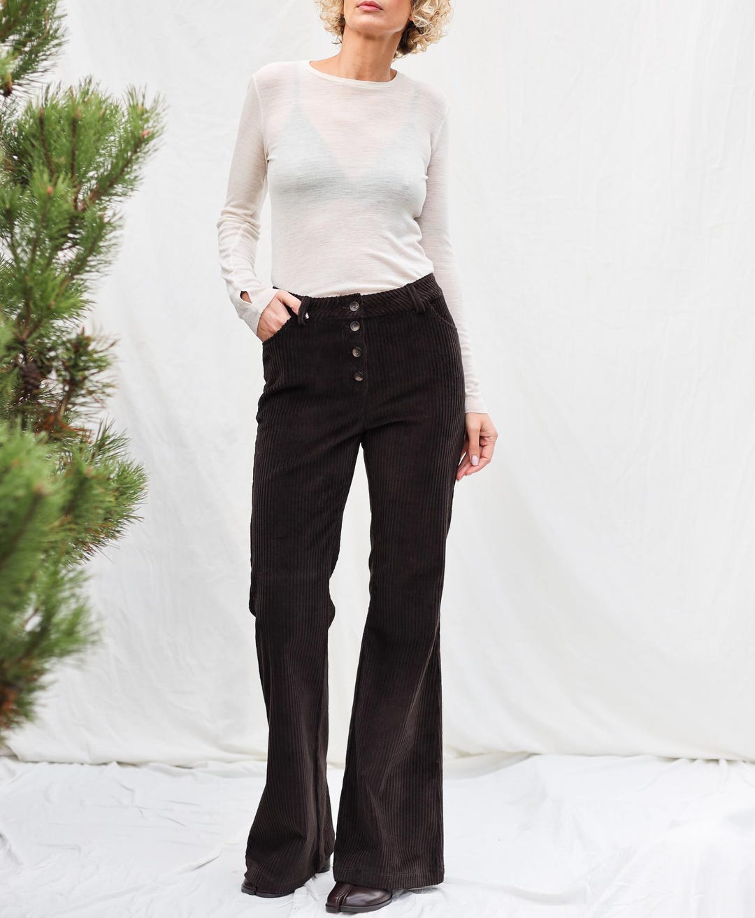 Flared Slim Fit Cord Trousers in Dark Brown Color • OFFON CLOTHING - Etsy