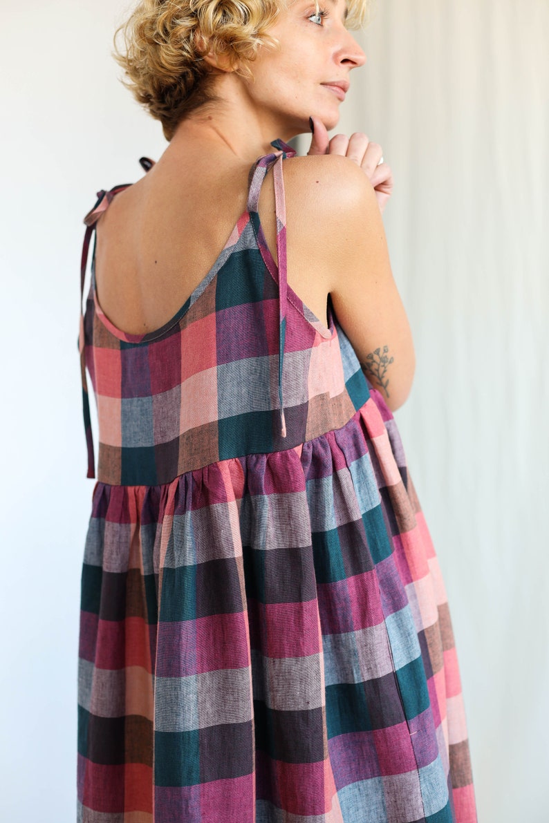 Loose Tie Strap Linen Sundress in Checks • Handmade by OFFON Clothing ...