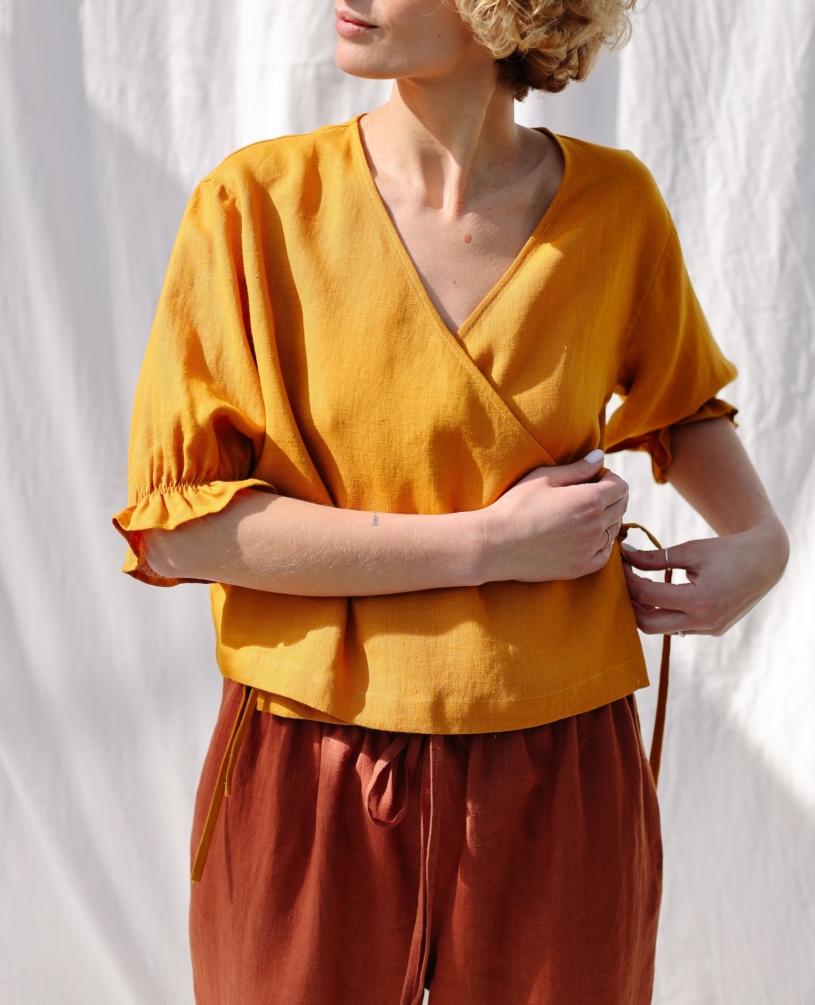 Linen Cropped Wrap Blouse AGATE / OFFON CLOTHING - Etsy